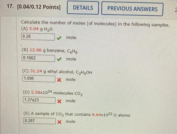 Solved Calculate the number of moles (of molecules) in the | Chegg.com