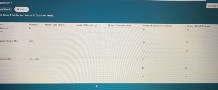 Solved eriment 1 Exercise ata Table 1 Photo 1 ta Table 1: | Chegg.com