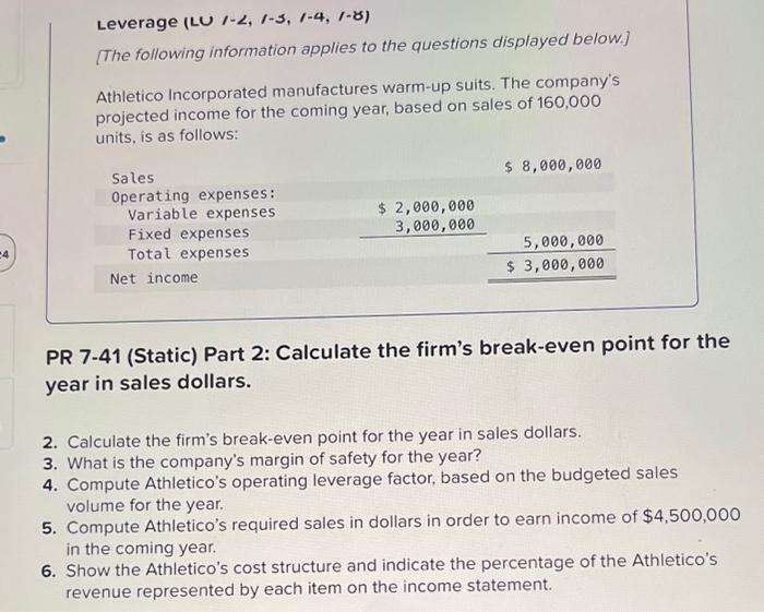Solved PR 7.41 (Static) CVP Graph; Cost Structure; Operating | Chegg.com