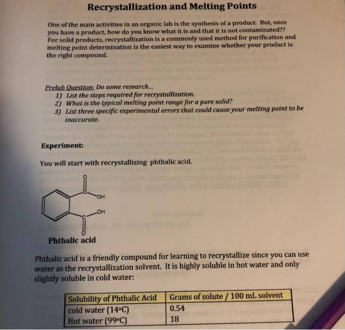 Solved Recrystallization and Melting Points One of the main | Chegg.com