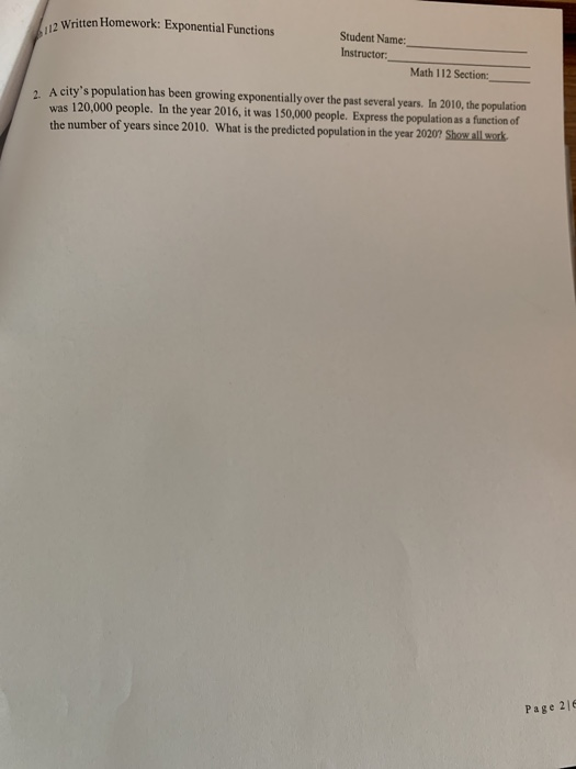 Solved Math 112 Written Homework Exponential Functions