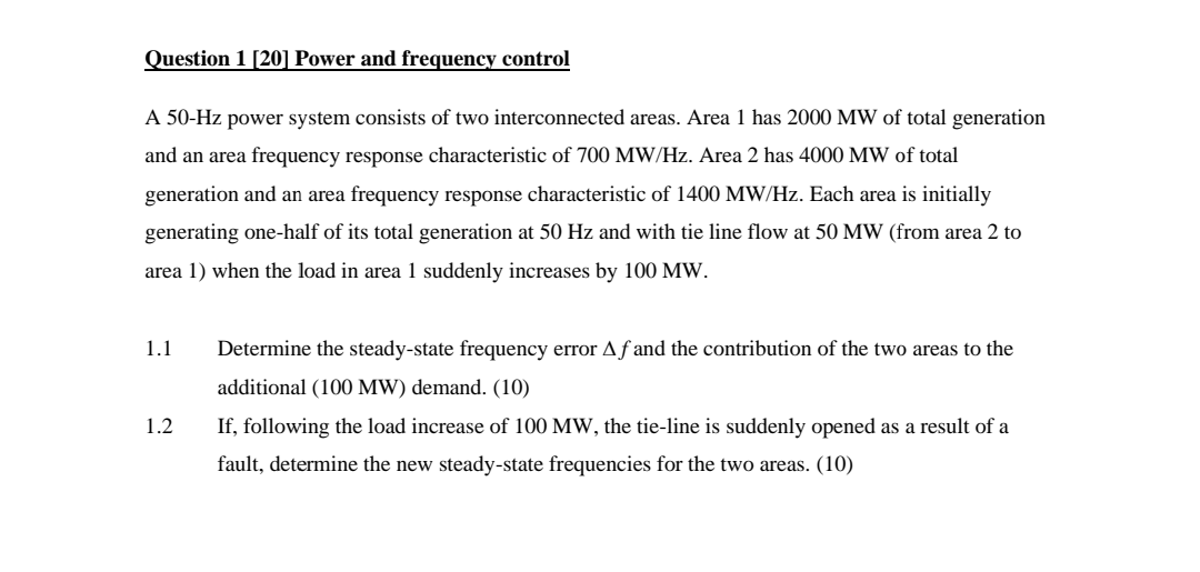 Solved Question 1 [20] Power and frequency control A 50-Hz | Chegg.com