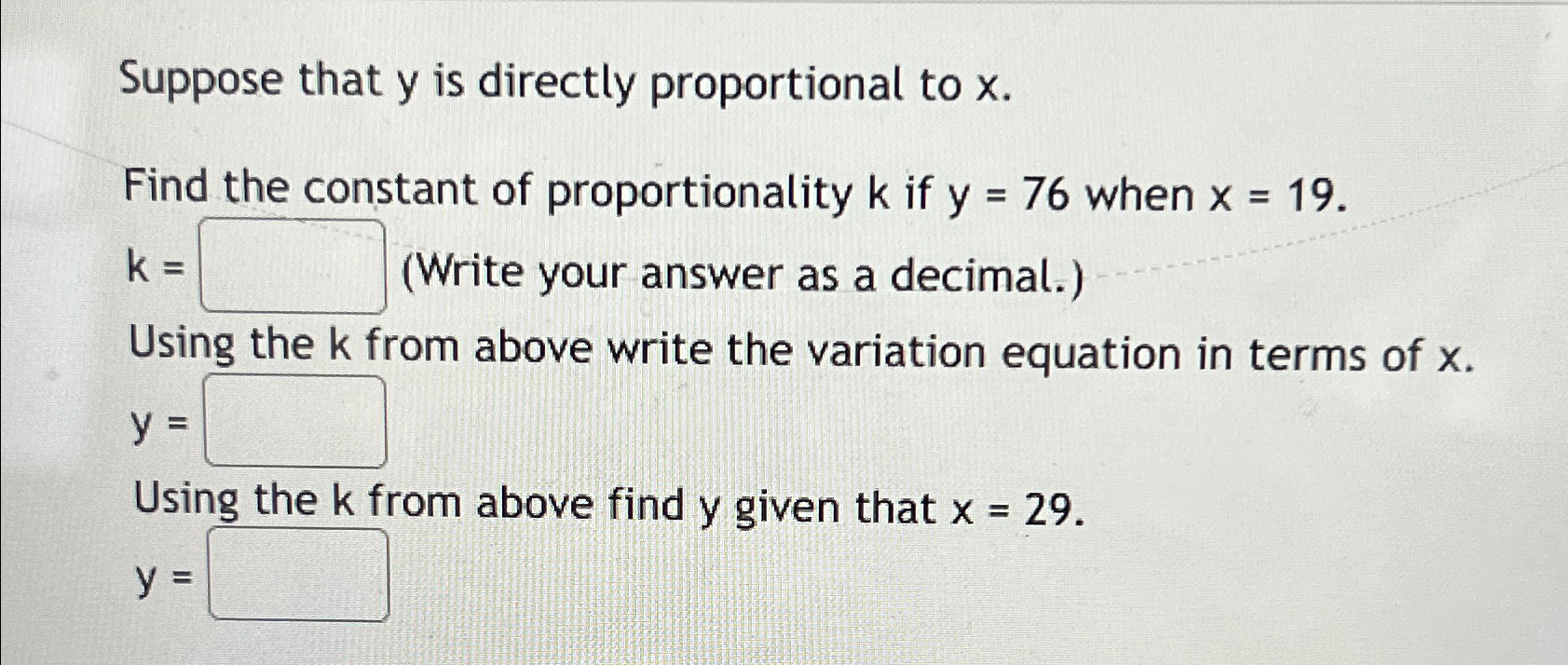 Solved Suppose that y ﻿is directly proportional to x.Find | Chegg.com