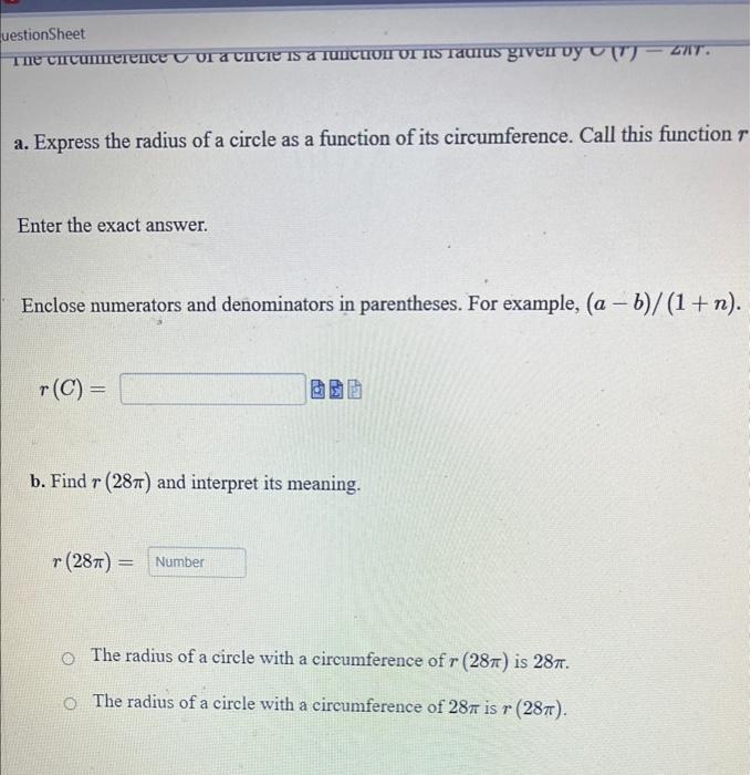 Solved The circumference C of a circle is a function of its | Chegg.com