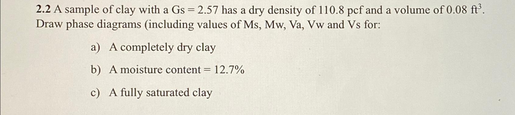 Solved 2.2 A sample of clay with a Gs =2.57 has a dry | Chegg.com