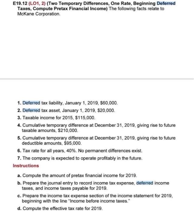 Solved E19.12 (L01, 2) (Two Temporary Differences, One Rate, | Chegg.com