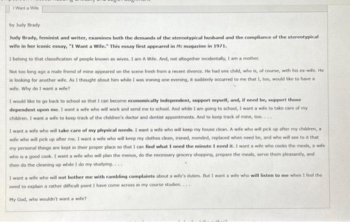 by Judy Brady Judy Brady, feminist and writer, | Chegg.com