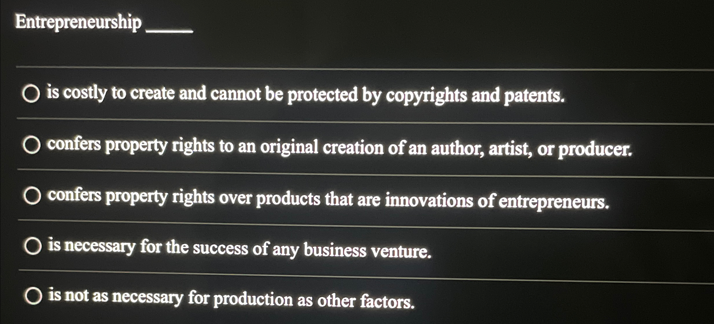 Solved Entrepreneurship q,is costly to create and cannot be | Chegg.com