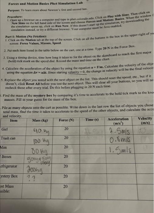 Solved Forces and Metion Basics Phet Simulation Lab Parpose: | Chegg.com