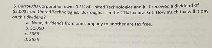 Solved 5. Burroughs Corporation owns 0.3% of United | Chegg.com
