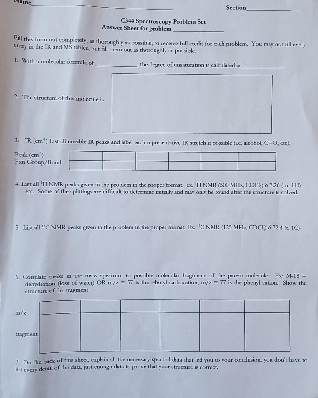 Solved ame Section C344 Spectroscopy Problem Set Answer | Chegg.com