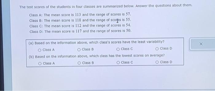 Solved The test scores of the students in four classes are | Chegg.com