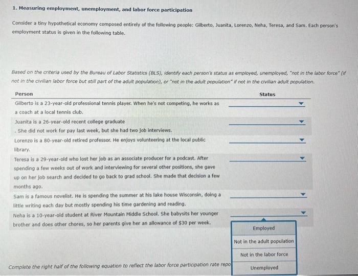 Solved 1. Measuring employment, unemployment, and labor | Chegg.com