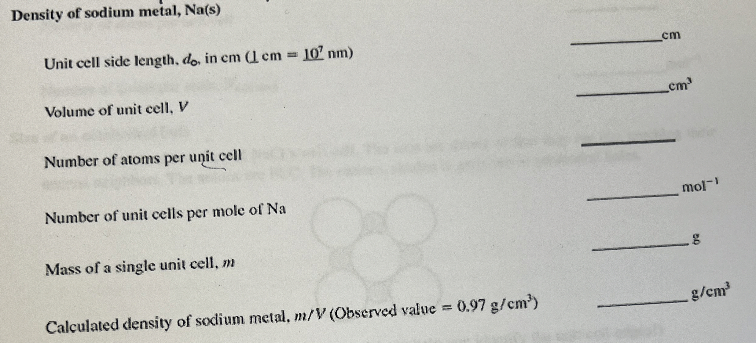 Solved Density of sodium metal, Na(s)Unit cell side length, | Chegg.com