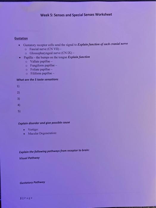 Solved Week 5: Senses and Special Senses Worksheet Gustation | Chegg.com