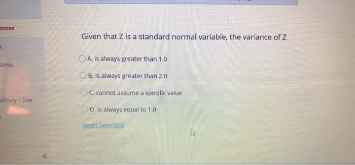 Solved nizzes Given that Z is a standard normal variable, | Chegg.com