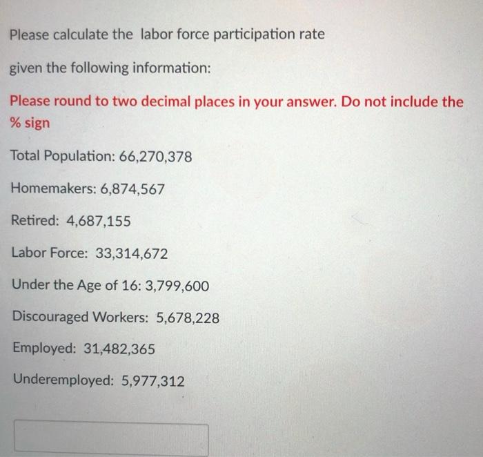 Solved Please calculate the labor force participation rate | Chegg.com