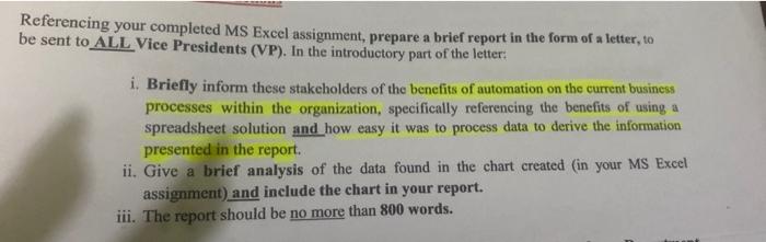 Referencing your completed MS Excel assignment, | Chegg.com
