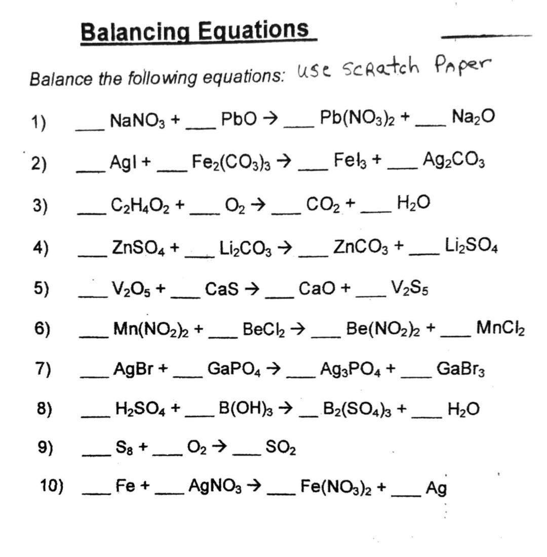 Solved Balance the following equations: Use Scratch Paper 1) | Chegg.com