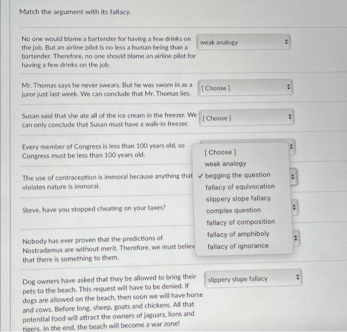 Solved Match the argument with its fallacy. weak analogy No | Chegg.com