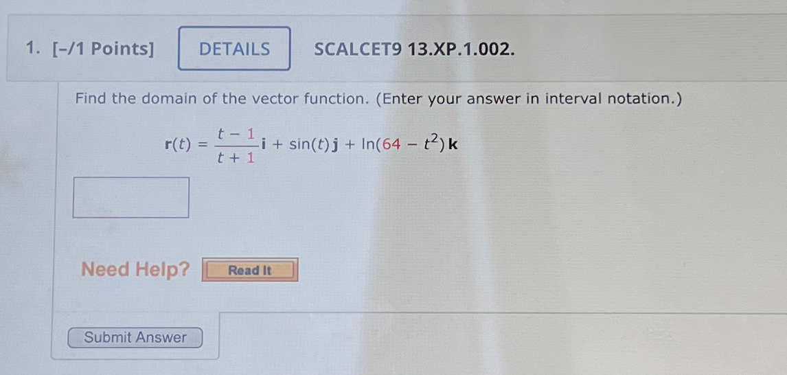 Solved Points]SCALCET9 13.XP.1.002.Find the domain of the | Chegg.com
