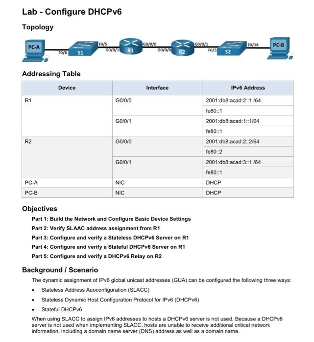 Lab - Configure DHCPv6 Topology Addressing Table | Chegg.com