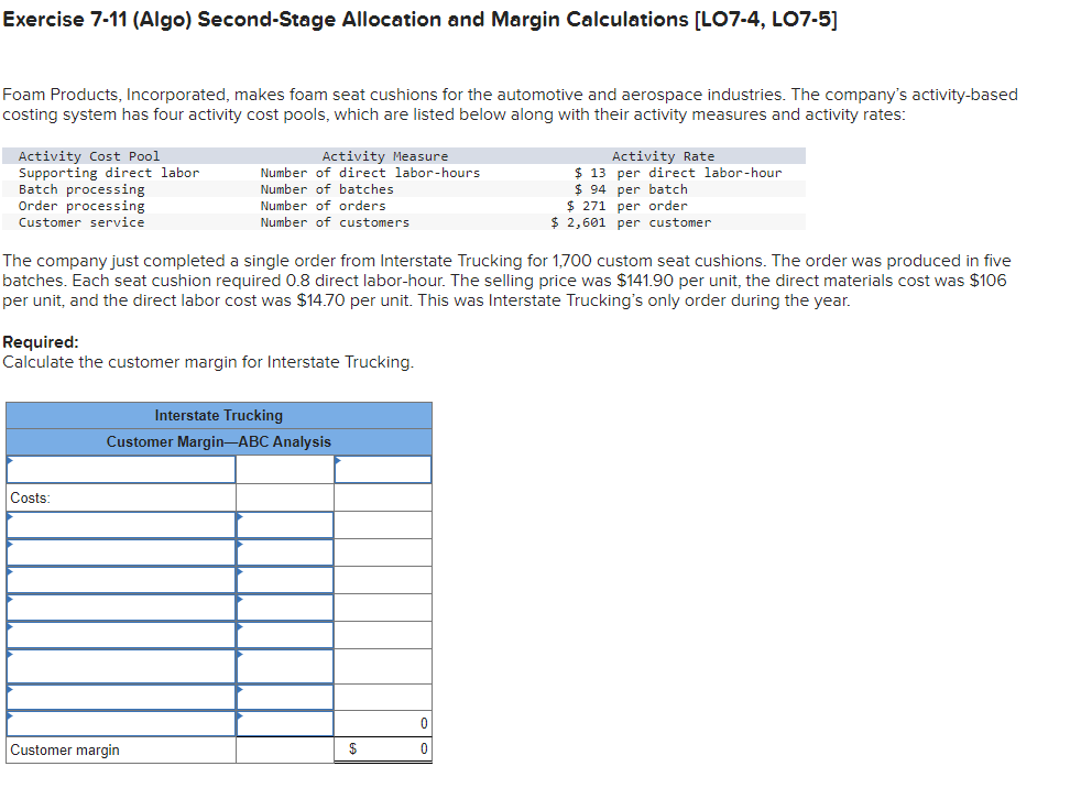Solved Exercise 7-11 (Algo) ﻿Second-Stage Allocation and | Chegg.com