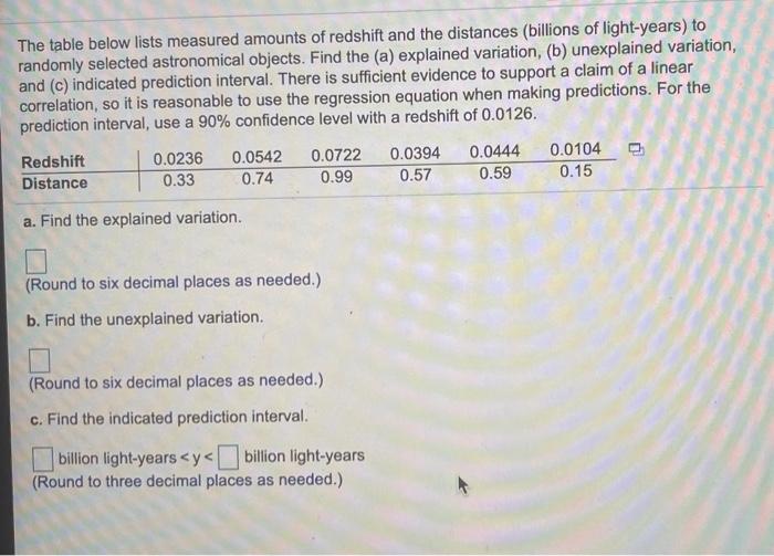Solved The table below lists measured amounts of redshift | Chegg.com