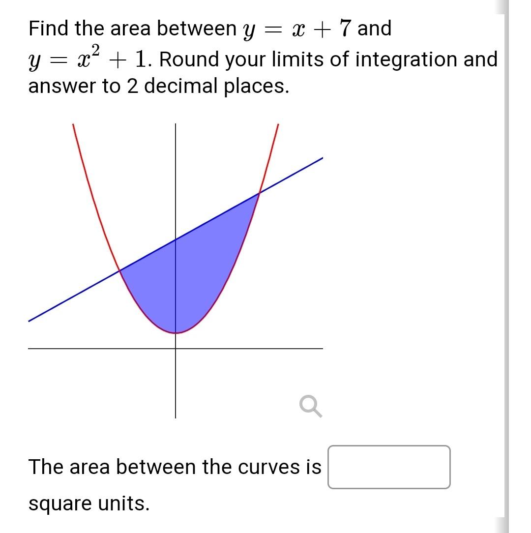 Solved Find the area between y = x + 7 and y = x 2 + 1 . | Chegg.com
