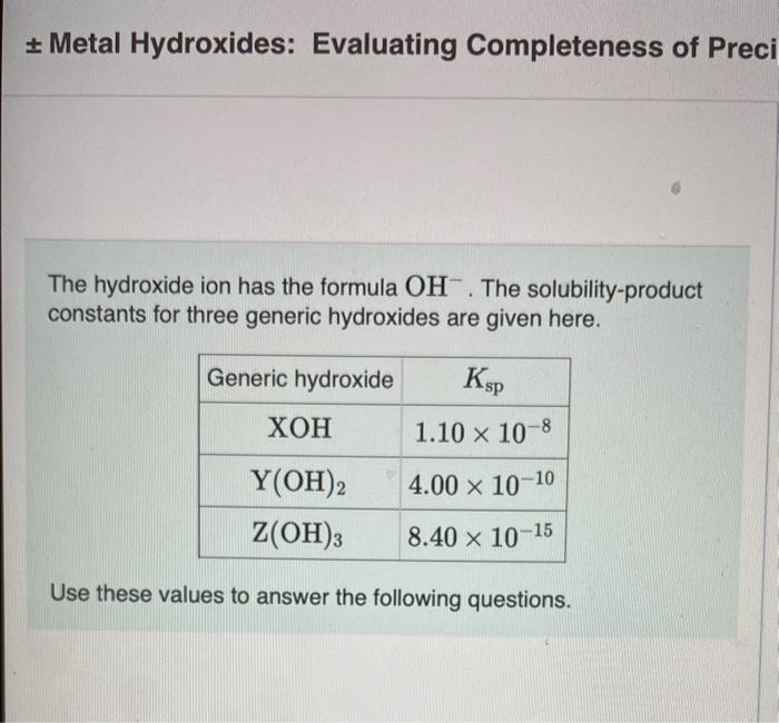 Solved ± Metal Hydroxides: Evaluating Completeness of Preci | Chegg.com