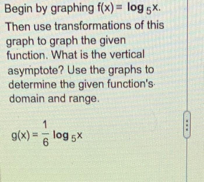 Solved Begin by graphing f(x)=log5x. Then use | Chegg.com
