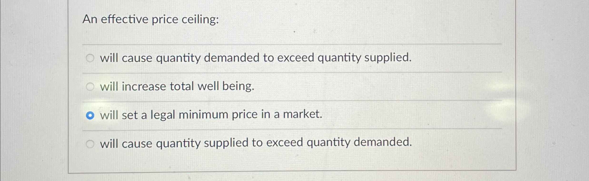 Solved An effective price ceiling:will cause quantity | Chegg.com