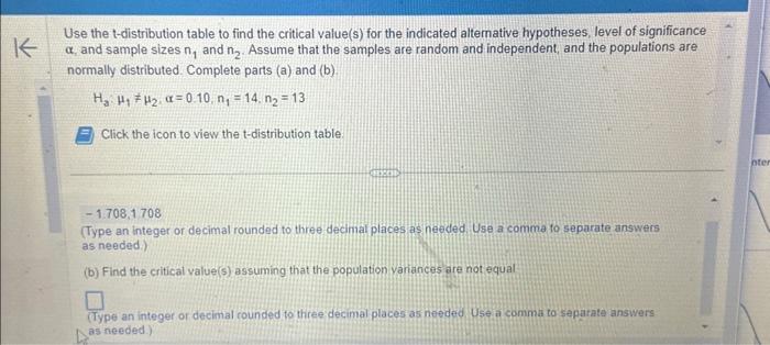 Solved Use the t-distribution table to find the critical | Chegg.com