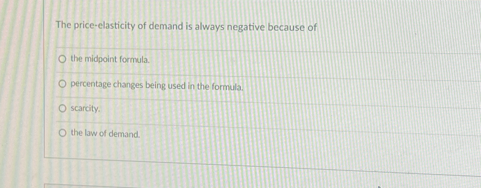 Solved The price-elasticity of demand is always negative | Chegg.com