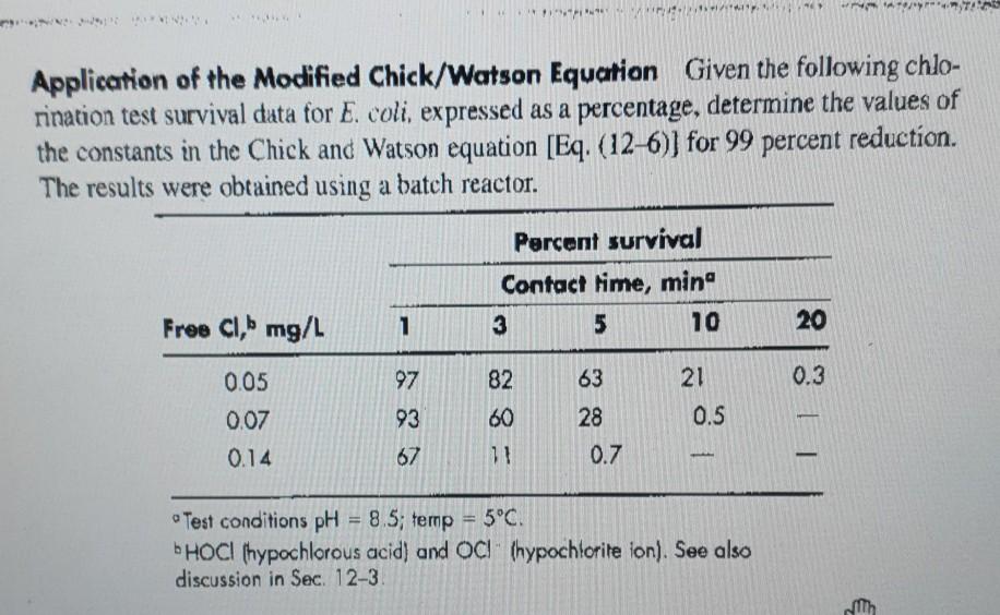 Solved Application of the Modified Chick/Watson Equation | Chegg.com
