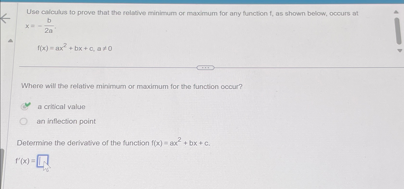 Solved Use Calculus To Prove That The Relative Minimum Or