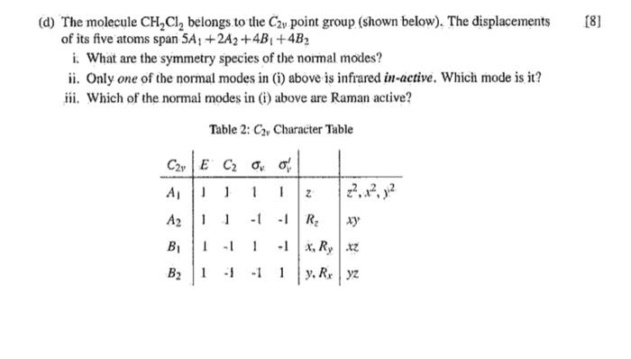 Solved (d) The molecule CH2Cl2 belongs to the C2v point | Chegg.com