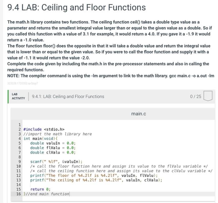 Solved 9 4 LAB Ceiling And Floor Functions The Math h Chegg