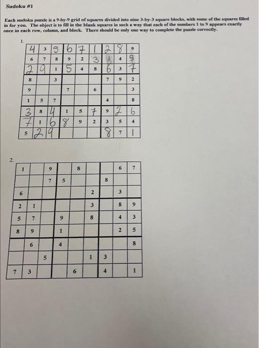 Solved Each sudoku puzzle is a 9-by-9 grid of squares | Chegg.com