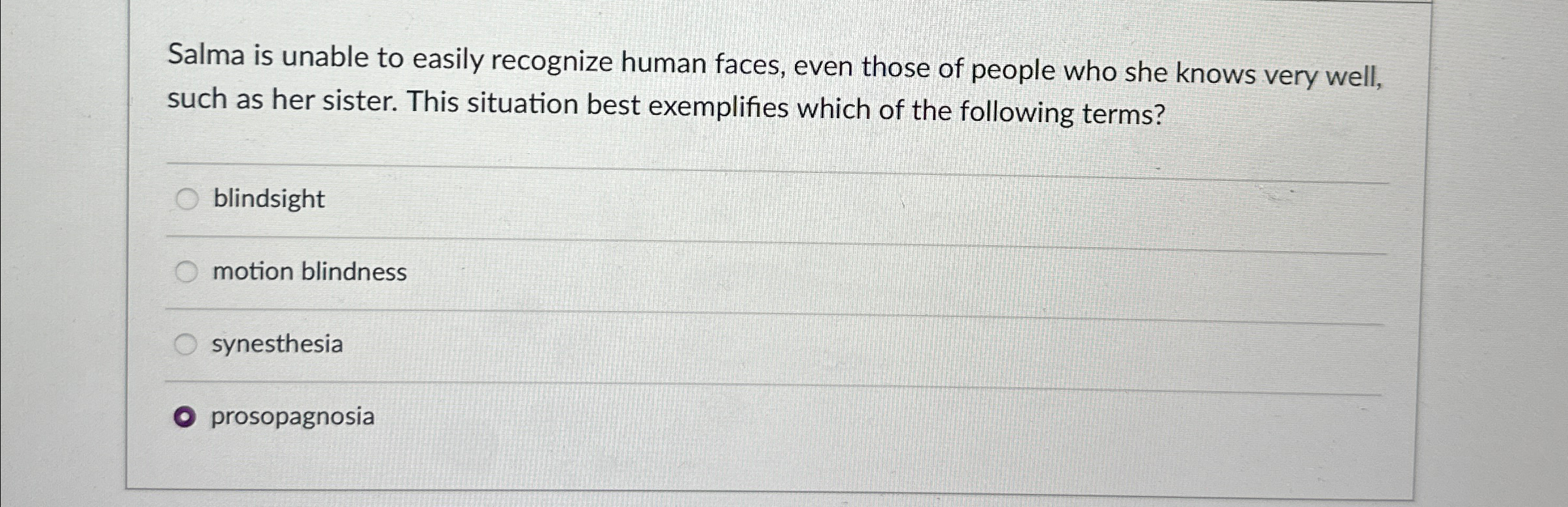 Solved Salma is unable to easily recognize human faces, even | Chegg.com