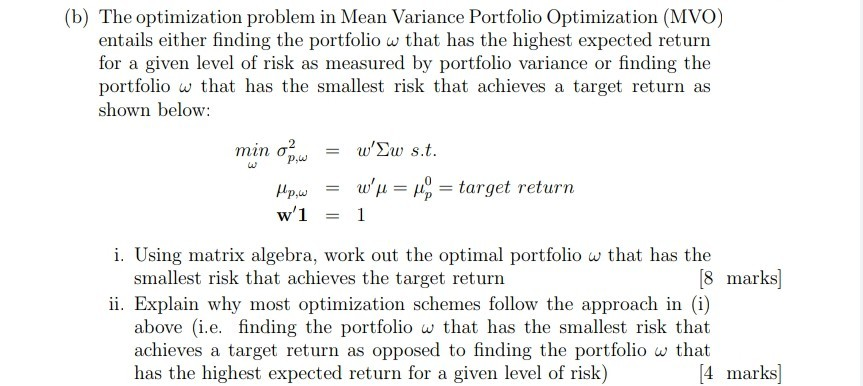 (b) The optimization problem in Mean Variance | Chegg.com