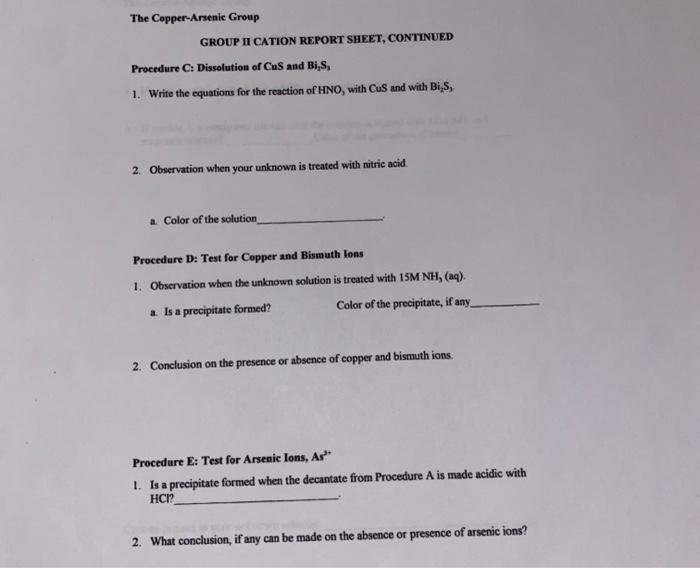 Solved The Copper-Arsenic Group GROUP II CATION REPORT | Chegg.com