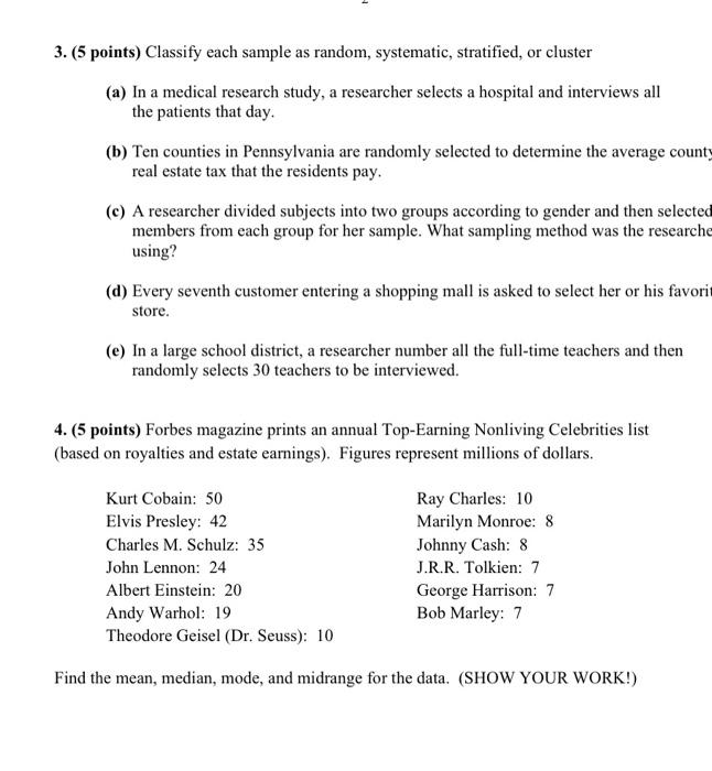 Solved 3. (5 points) Classify each sample as random, | Chegg.com