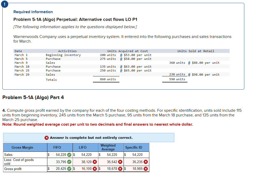 Required information Problem 5-1A (Algo) ﻿Perpetual: | Chegg.com