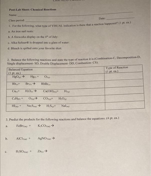 Solved Post-Lab Sheet: Chemical Reactions Name: Class | Chegg.com