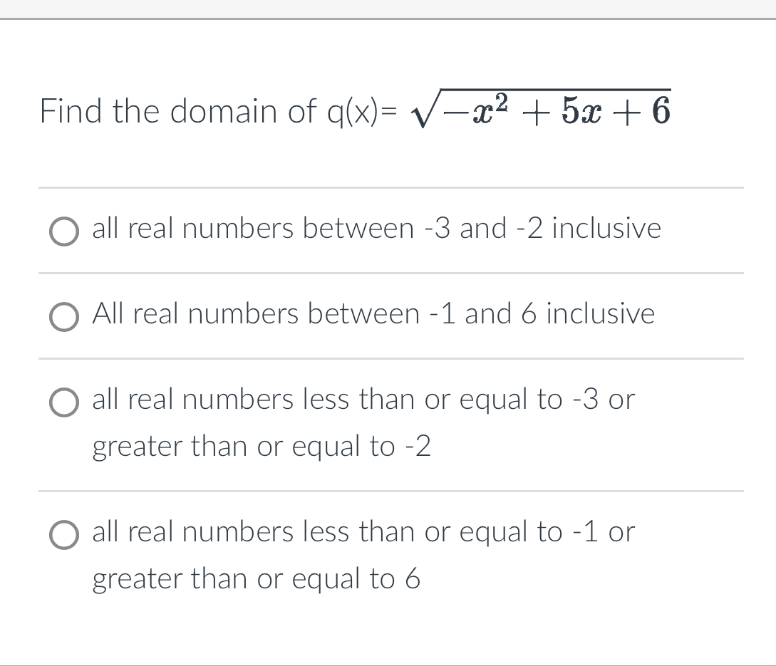 Solved Find the domain of q(x)=-x2+5x+62all real numbers | Chegg.com