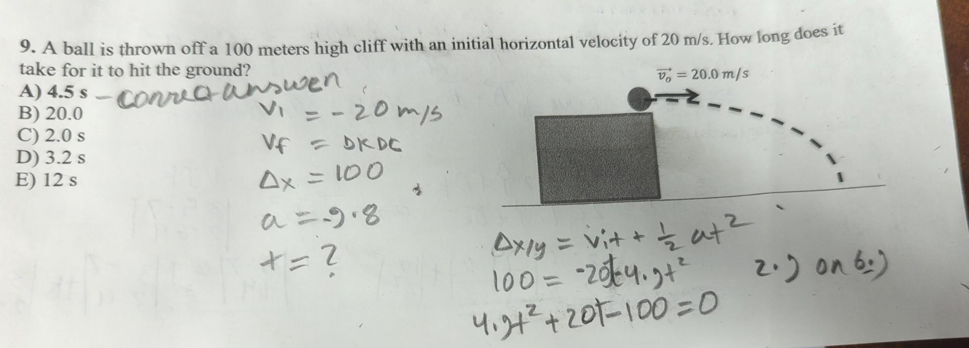 Solved 9. A ball is thrown off a 100 meters high cliff with | Chegg.com