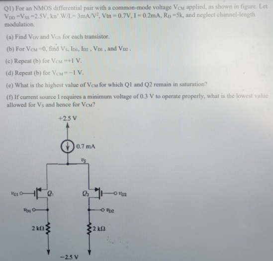 Solved by an EXPERT Q1) ﻿For an NMOS differential pair with a common-mode | Chegg.com