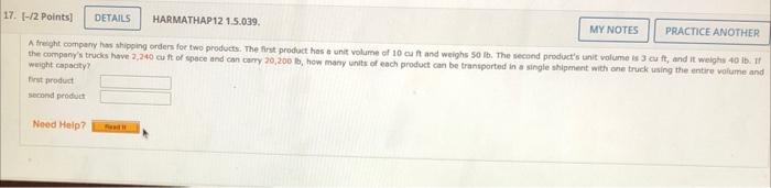 Solved 17. 1-/2 Points) DETAILS HARMATHAP 12 15.039. MY | Chegg.com Solved 17. 1-/2 Points) DETAILS HARMATHAP 12 15.039. MY | Chegg.com
