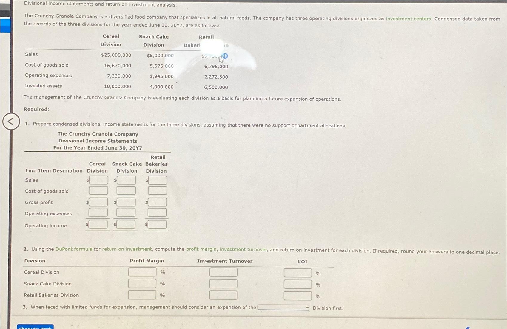 Solved Divisional income statements and return on investment | Chegg.com